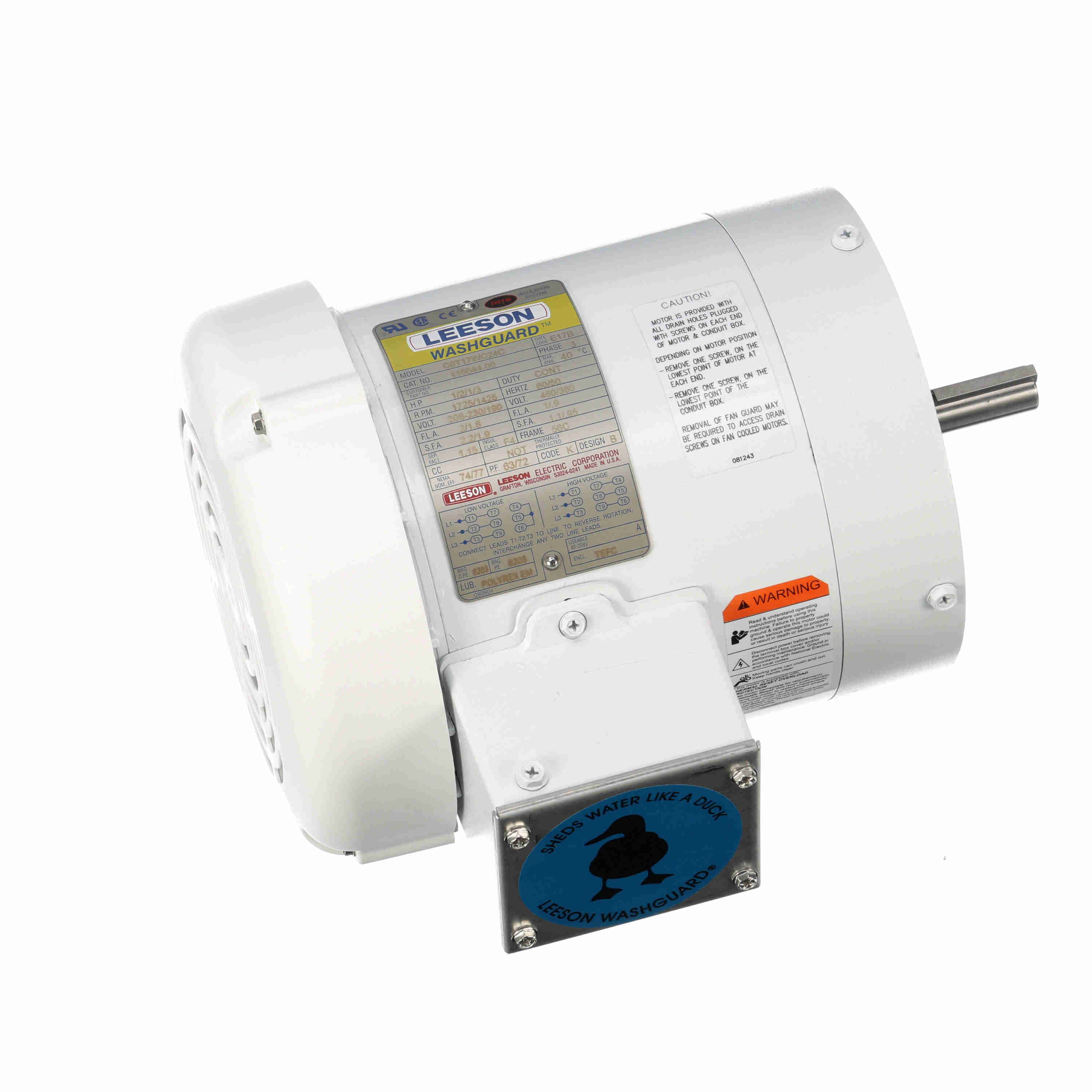 LEESON White Duck™ General Purpose Motor, 0.50 & 0.33 HP, 3 Ph, 60 & 50 ...