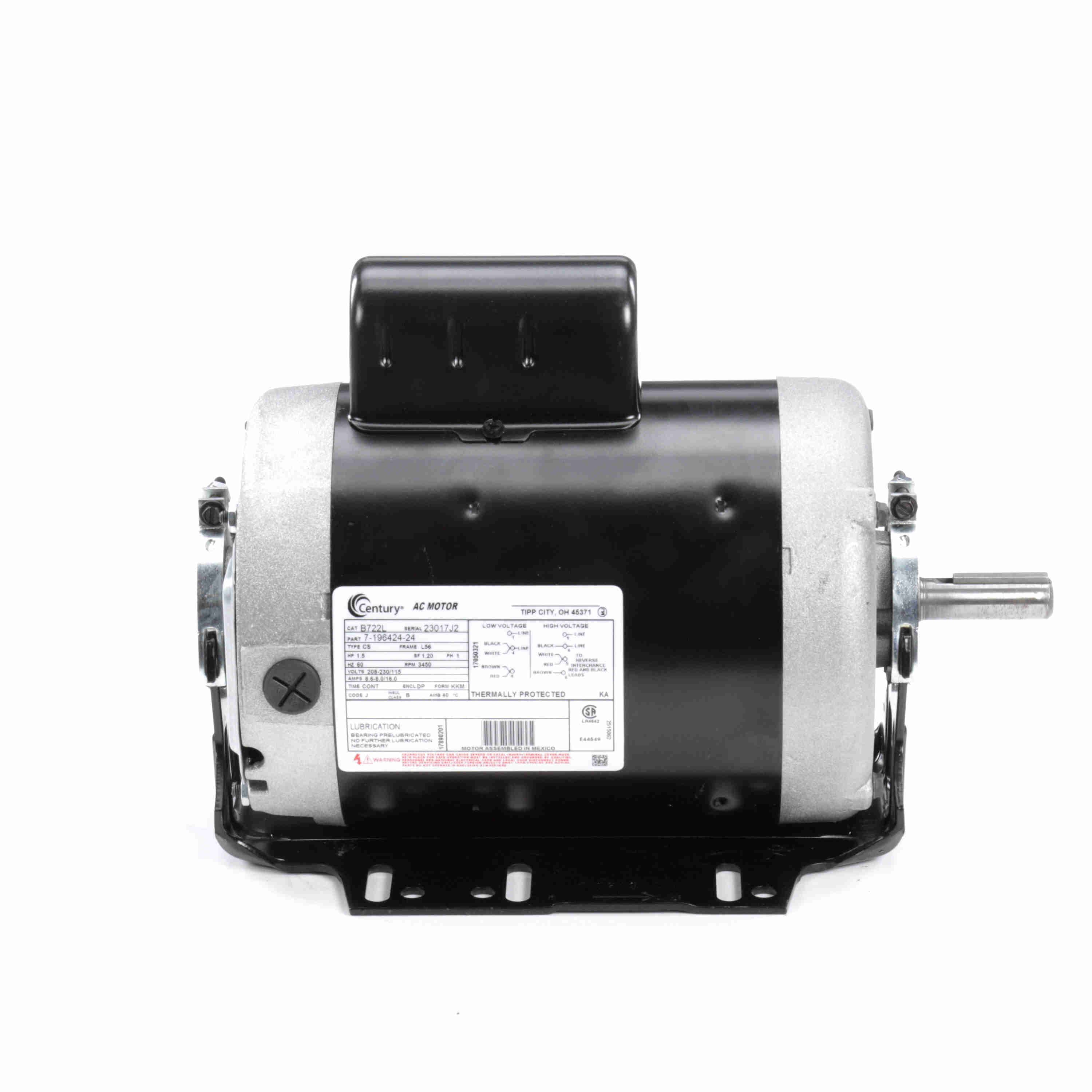 Century Fan and Blower Motor, 1.5 HP, 1 Ph, 60 Hz, 208-230/115 V, 3600 ...