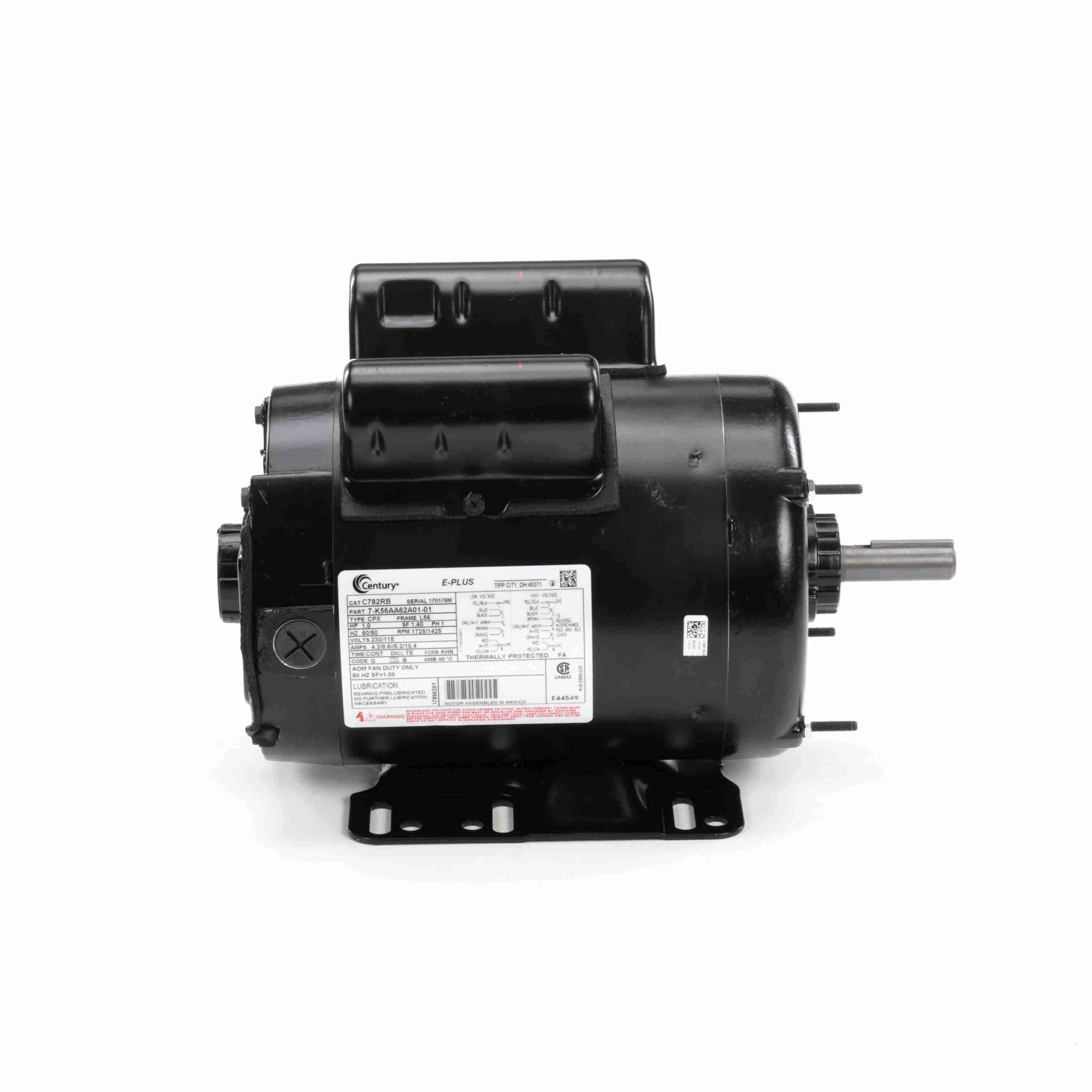 Century Belt Drive Fan Motor, 1.0 HP, 1 Ph, 60/50 Hz, 230/115 V, 1800 ...