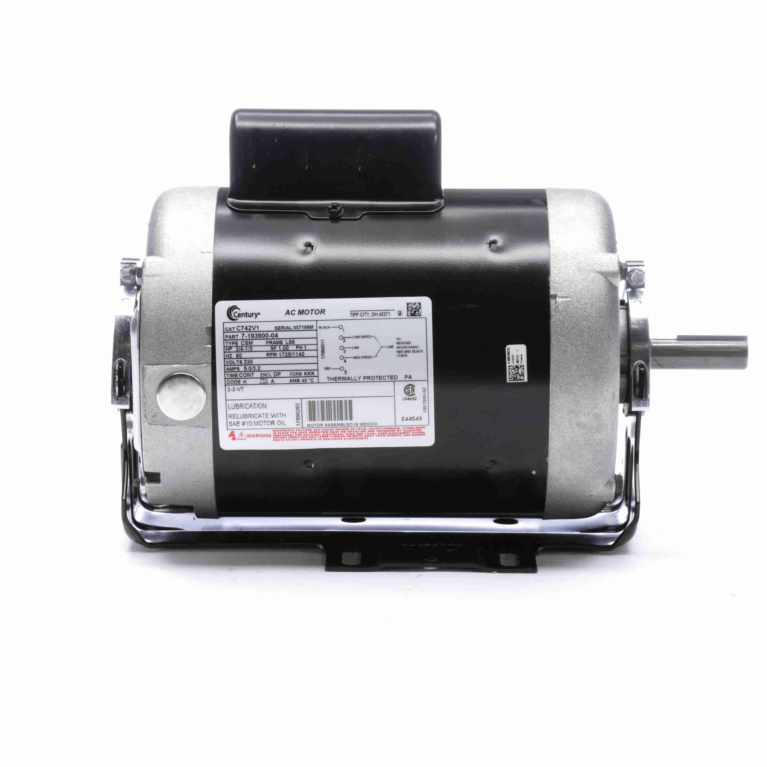 Century Fan and Blower Motor, 3/4-1/3 HP, 1 Ph, 60 Hz, 230 V, 1800 RPM ...