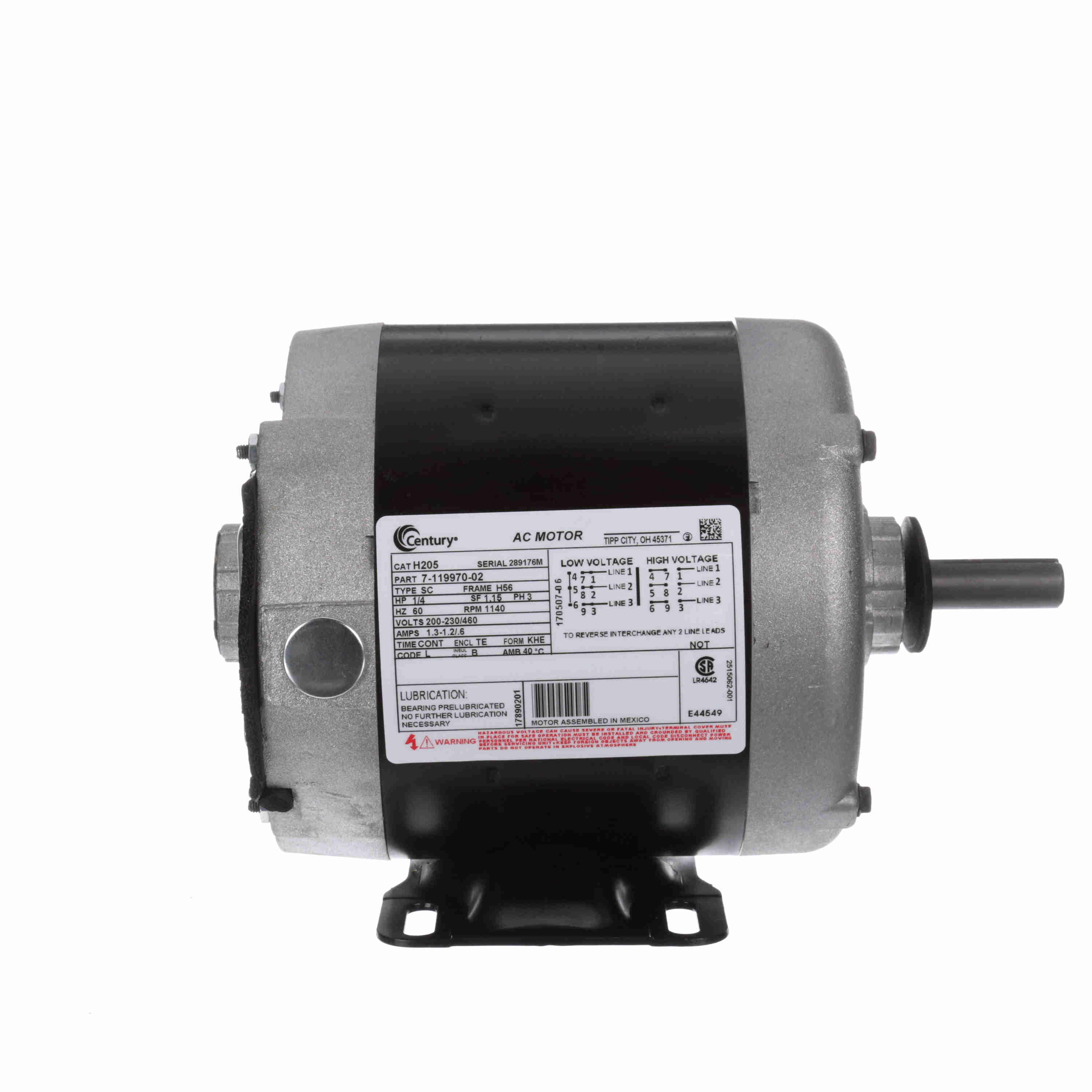 Century General Purpose Motor, 1/4 HP, 3 Ph, 60 Hz, 200-230/460 V, 1200 ...