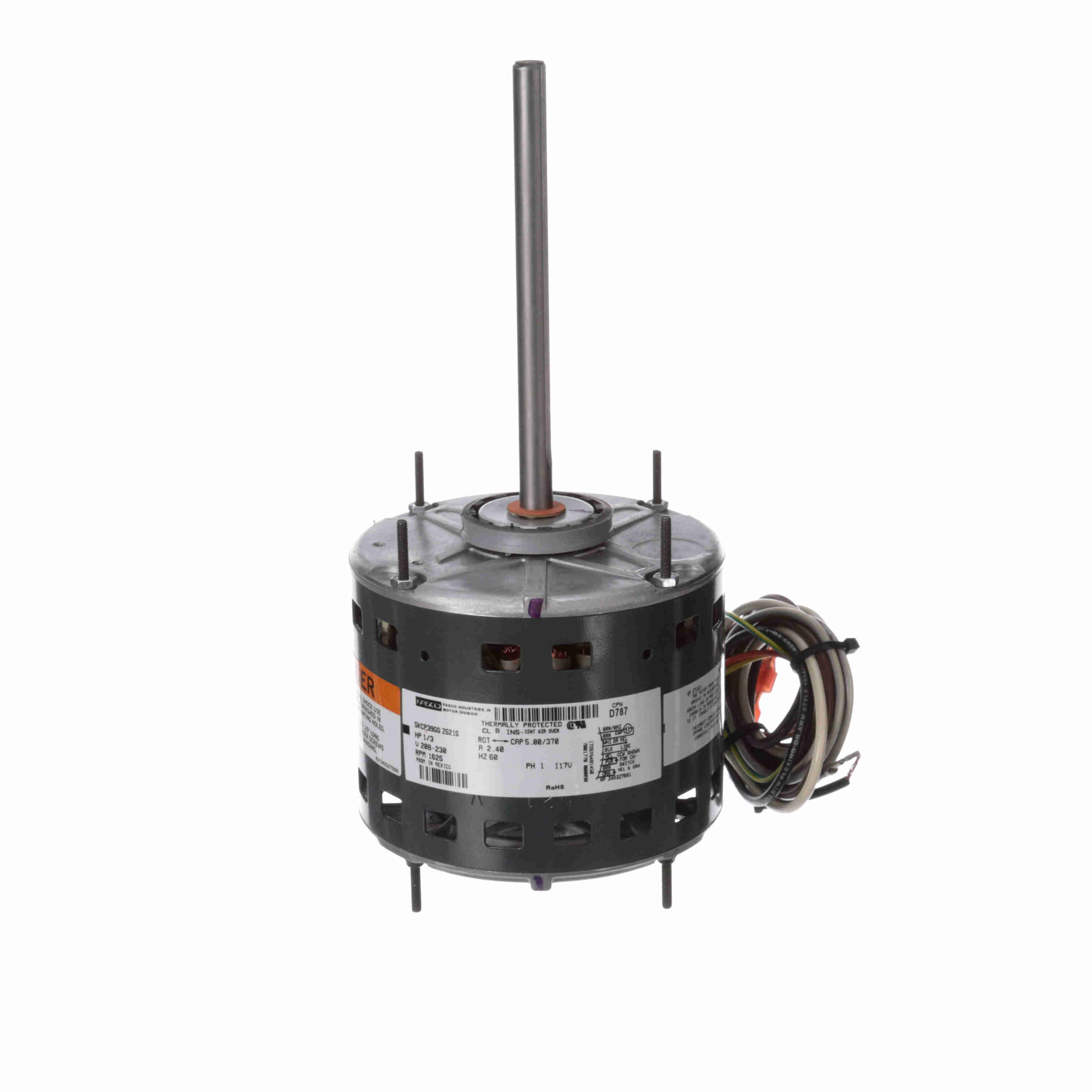 FASCO Fan and Blower Motor, 1/3 HP, 1 Ph, 60 Hz, 208-230 V, 1625 RPM, 1 ...
