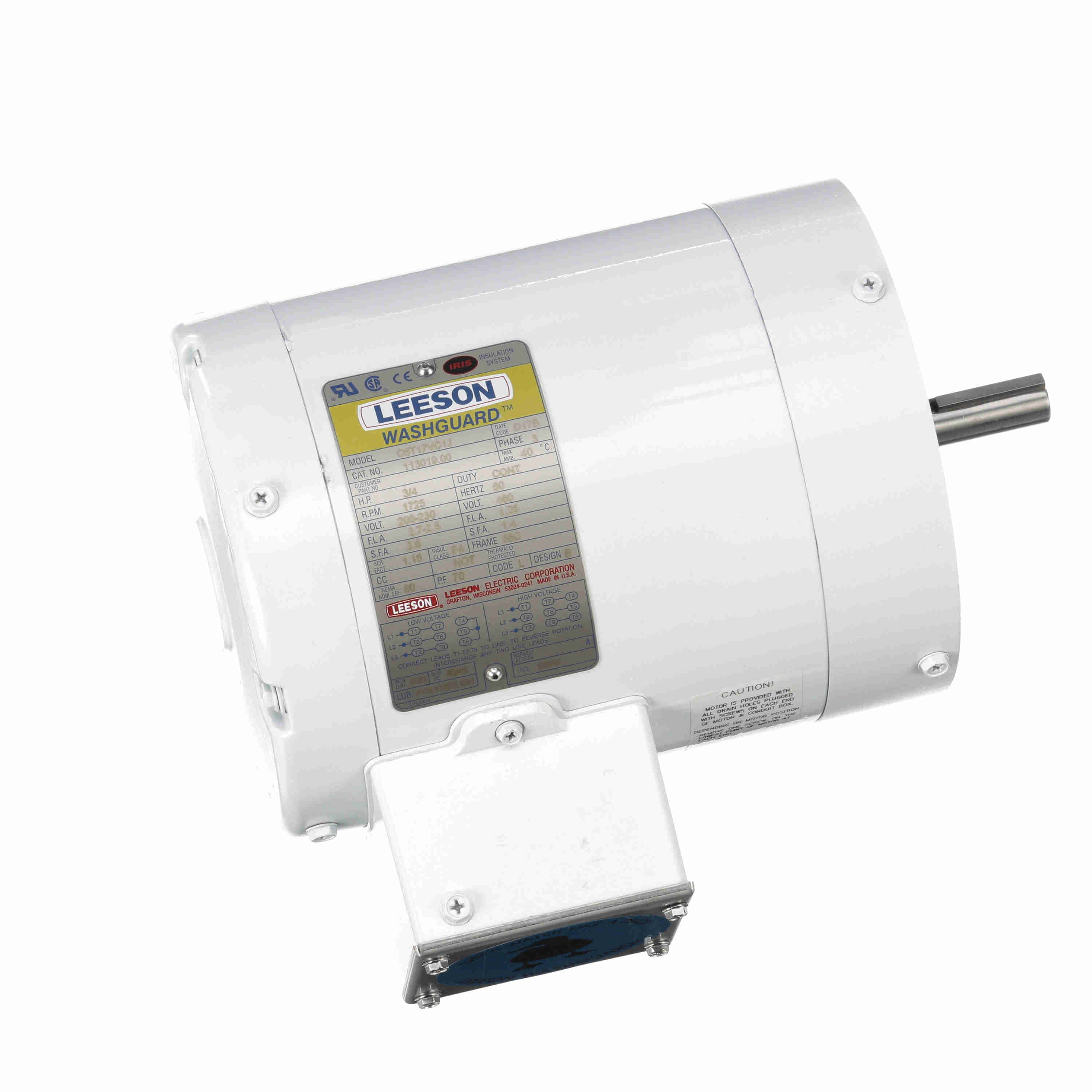 LEESON White Duck™ General Purpose Motor, 0.75 HP, 3 Ph, 60 Hz, 230/460 ...