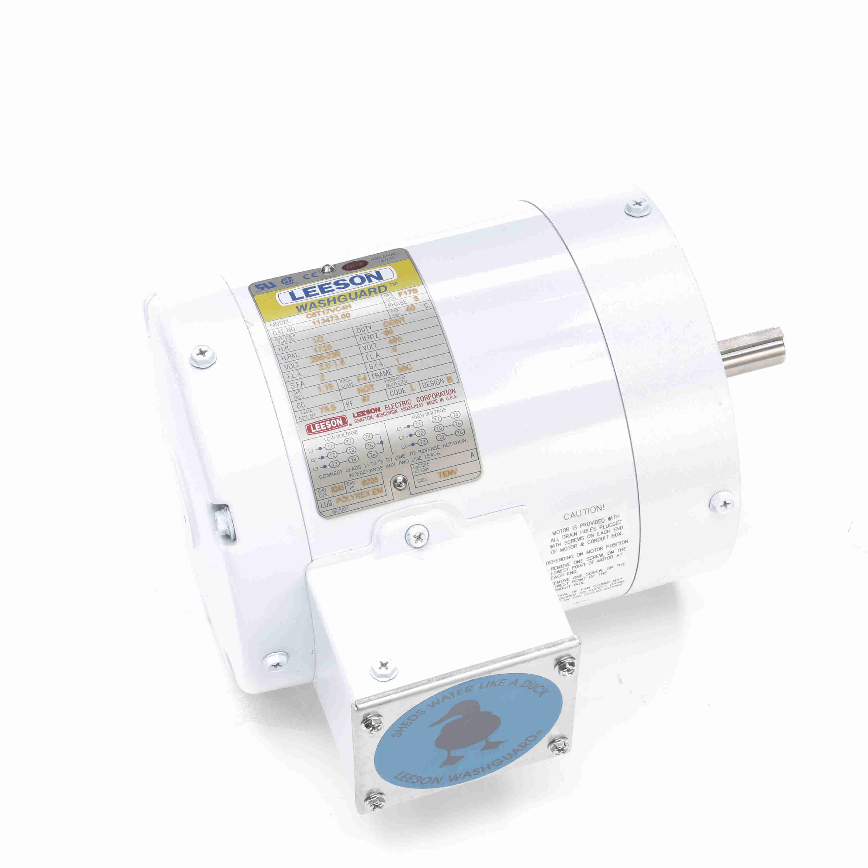 LEESON White Duck™ General Purpose Motor, 0.50 HP, 3 Ph, 60 Hz, 230/460 ...