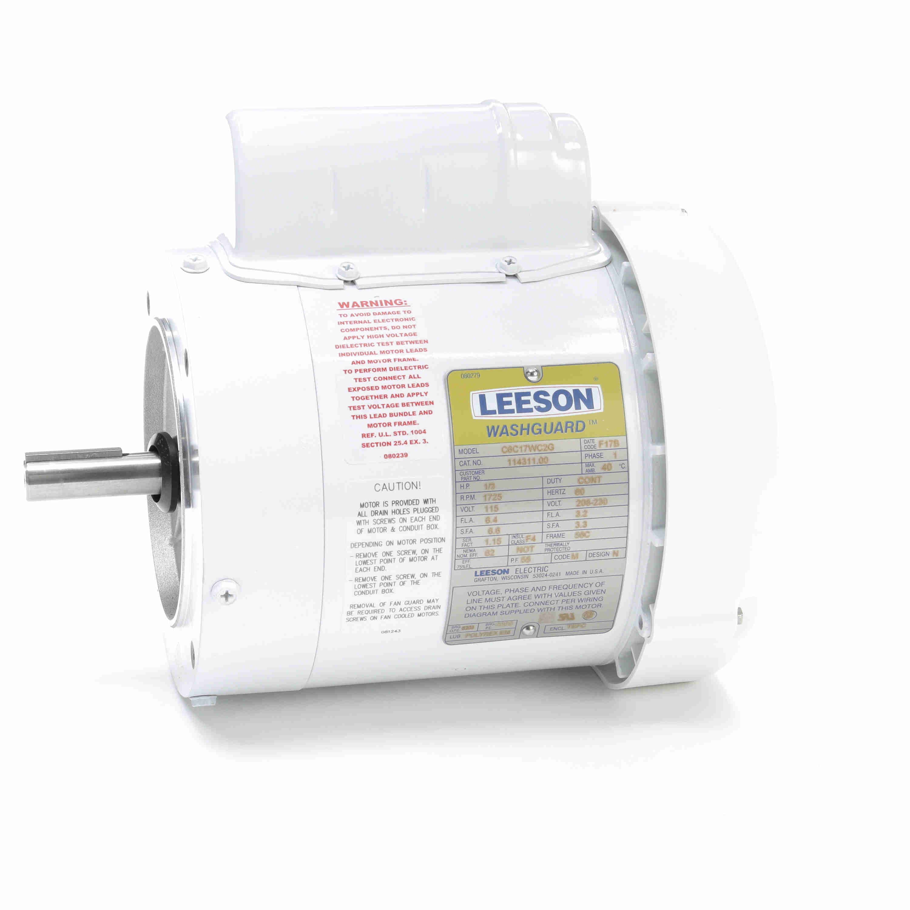 LEESON White Duck™ General Purpose Motor, 0.33 HP, 1 Ph, 60 Hz, 115/230 ...