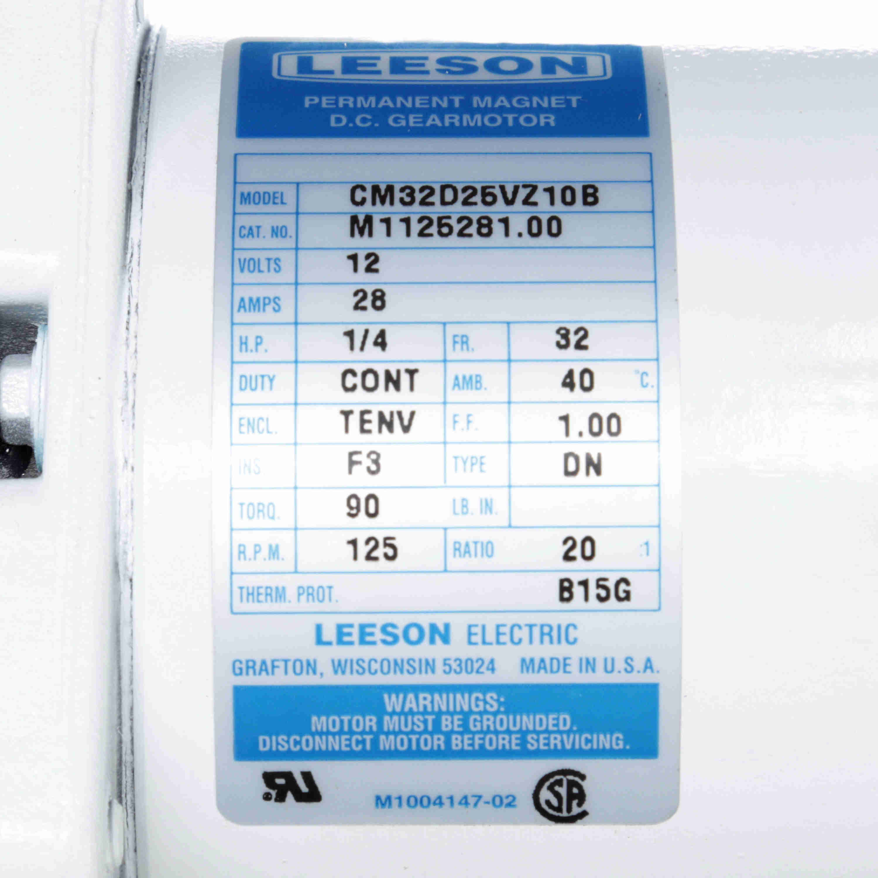 LEESON White Duck™ Right Angle Gearmotor, 0.25 HP, 12 V, 125 RPM, 32 ...