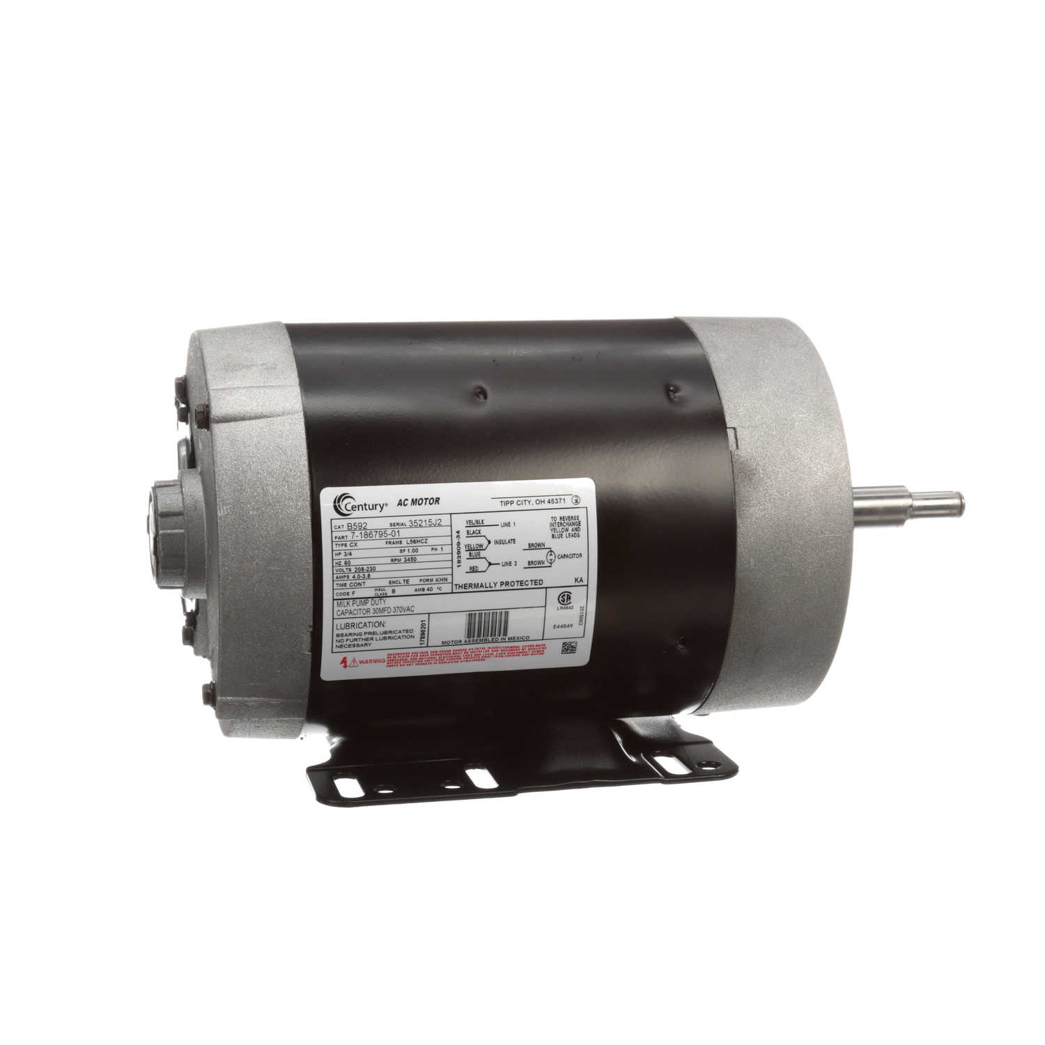 Century General Purpose Farm Duty Motor, 3/4 HP, 1 Ph, 60 Hz, 208-230 V ...