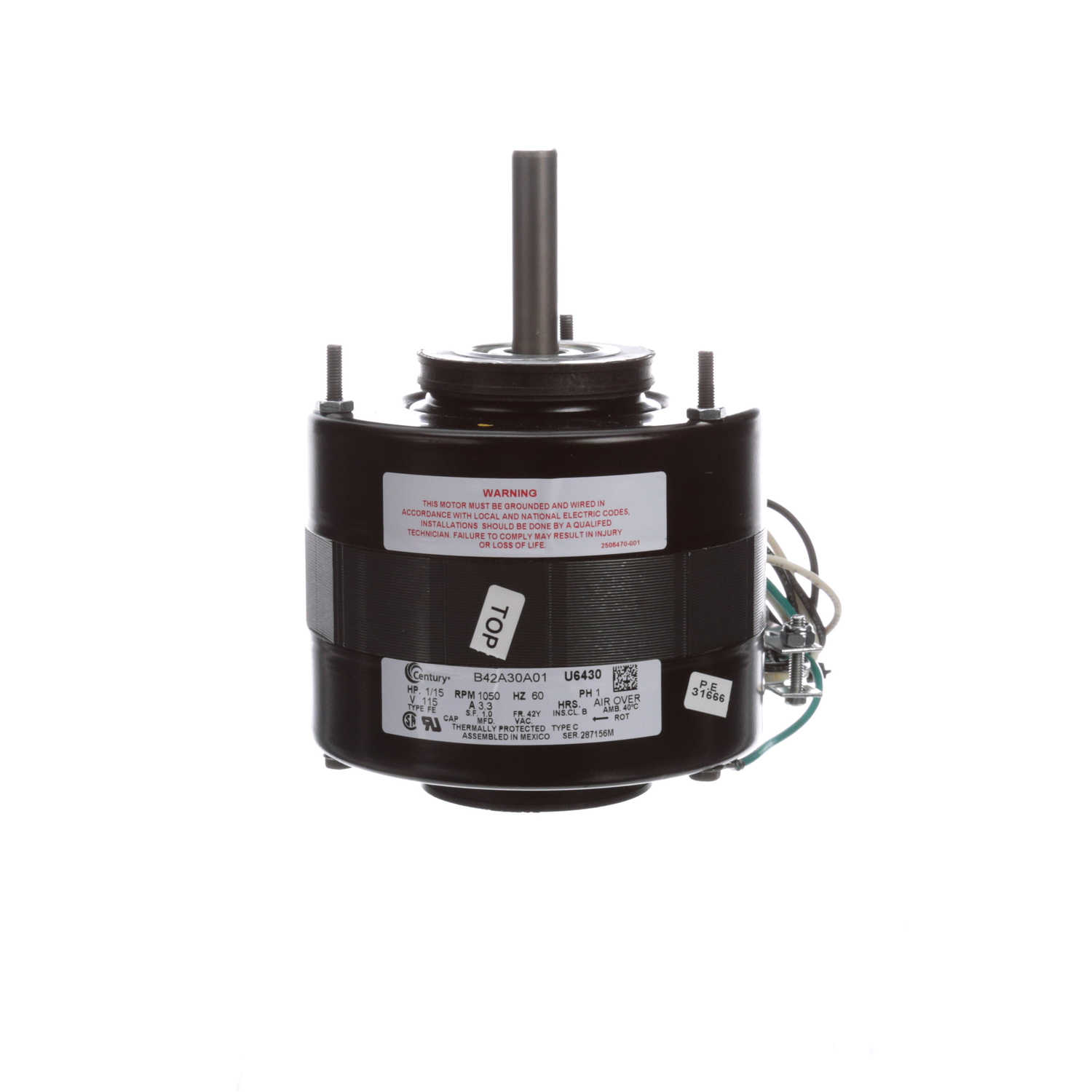 Century Unit Heater Motor, 1/15 HP, 1 Ph, 60 Hz, 115 V, 1050 RPM, 1 ...