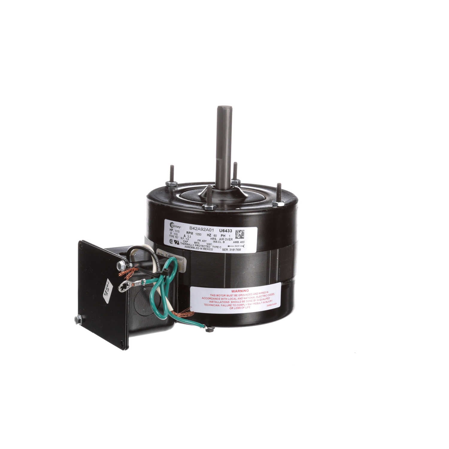 Century Unit Heater Motor, 1/15 HP, 1 Ph, 60 Hz, 115 V, 1050 RPM, 1 ...