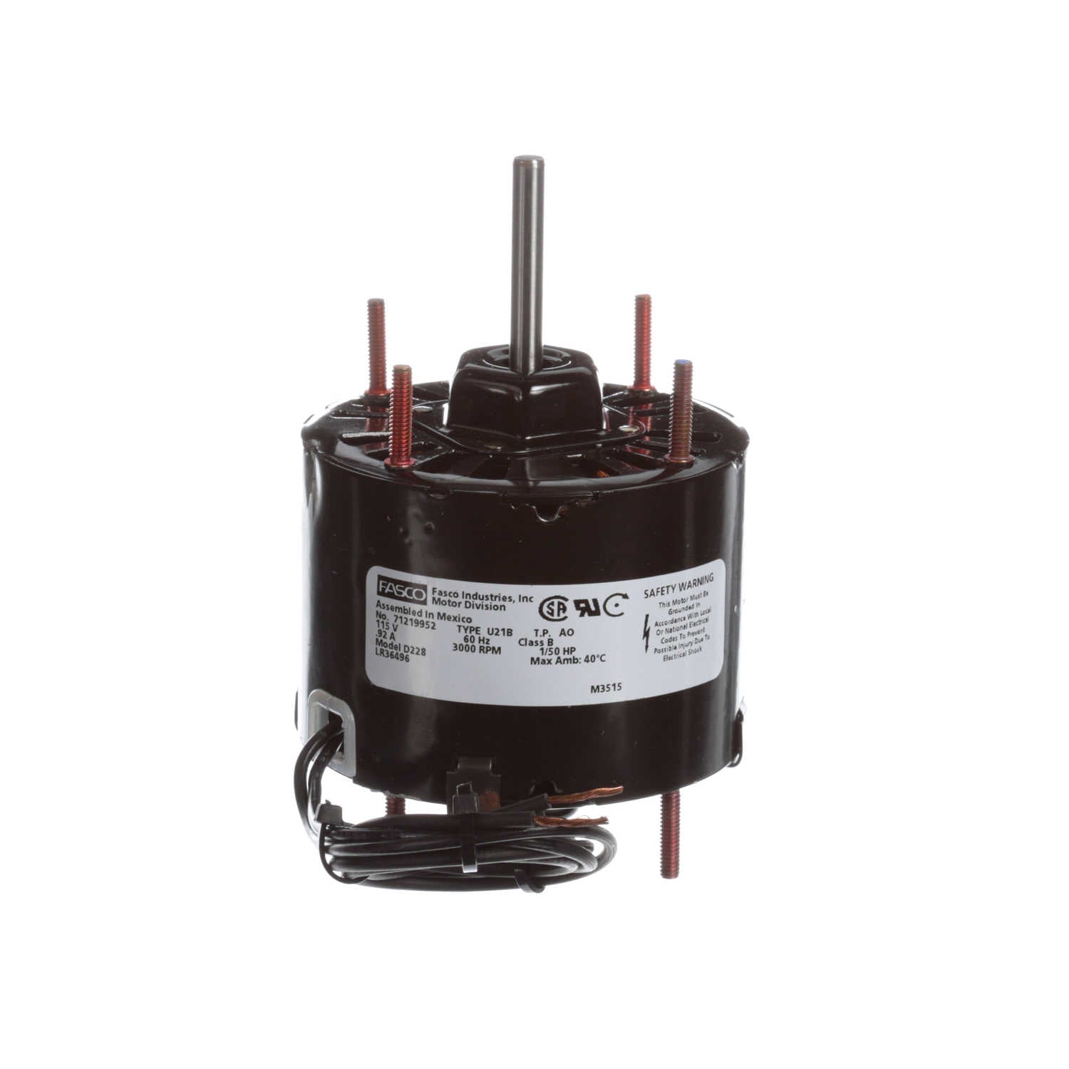 FASCO Fan and Blower Motor, 1/50 HP, 1 Ph, 60 Hz, 115 V, 3000 RPM, 1 ...